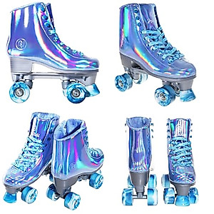 JajaHoho Roller Skates for Women, Holographic High Top Faux Leather Rollerskates, Shiny Double-row four colour mixture wheels Quad Skates for Girls and Age 8-51 Indoor Outdoor (Very Peri Blue, Size 9)