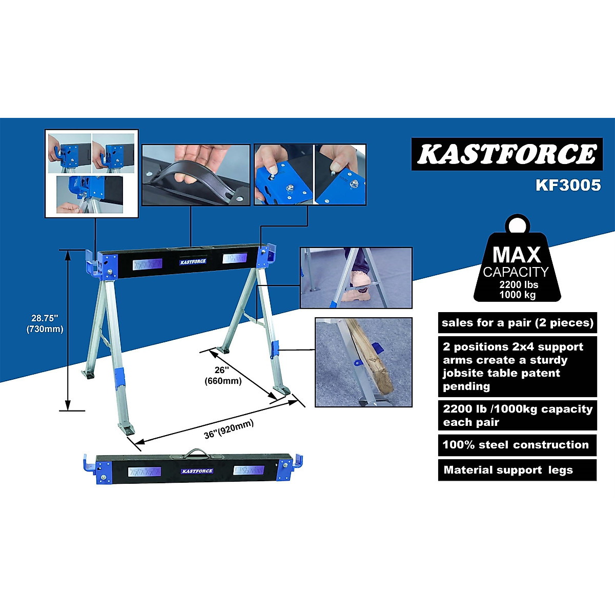 KASTFORCE Folding Sawhorse 2200 lb /1000kg capacity Heavy Duty Jobsite Table Stand with Folding Legs Twin Pack KF3005