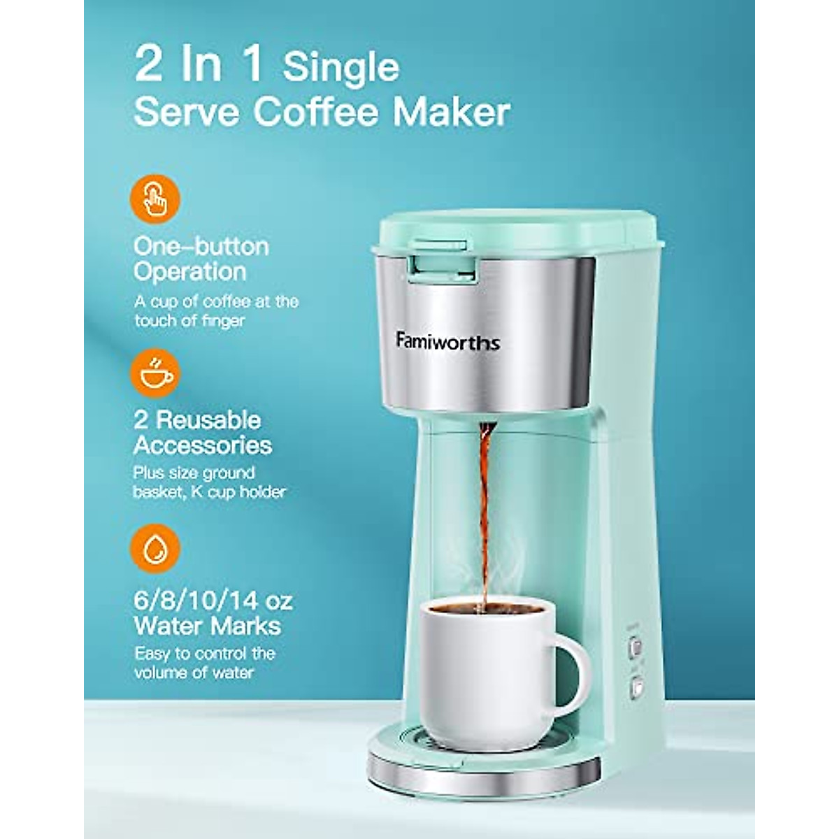 Famiworths Single Serve Coffee Maker for K Cup & Ground Coffee, With Bold Brew, One Cup Coffee Maker, 6 to 14 oz. Brew Sizes, Fits Travel Mug, Oyster Green