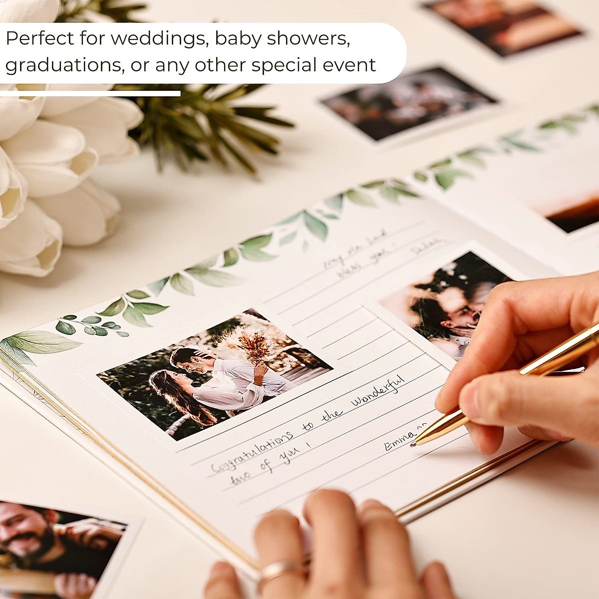 Gold Foil Greenery Wedding Guest Book 7 x 9 inches, Pen & Table Sign Included, Resgistry Sign in Book for Wedding, Bridal Shower, Baby Shower, Graduation, Birthday, Funeral, Anniversary or Reception