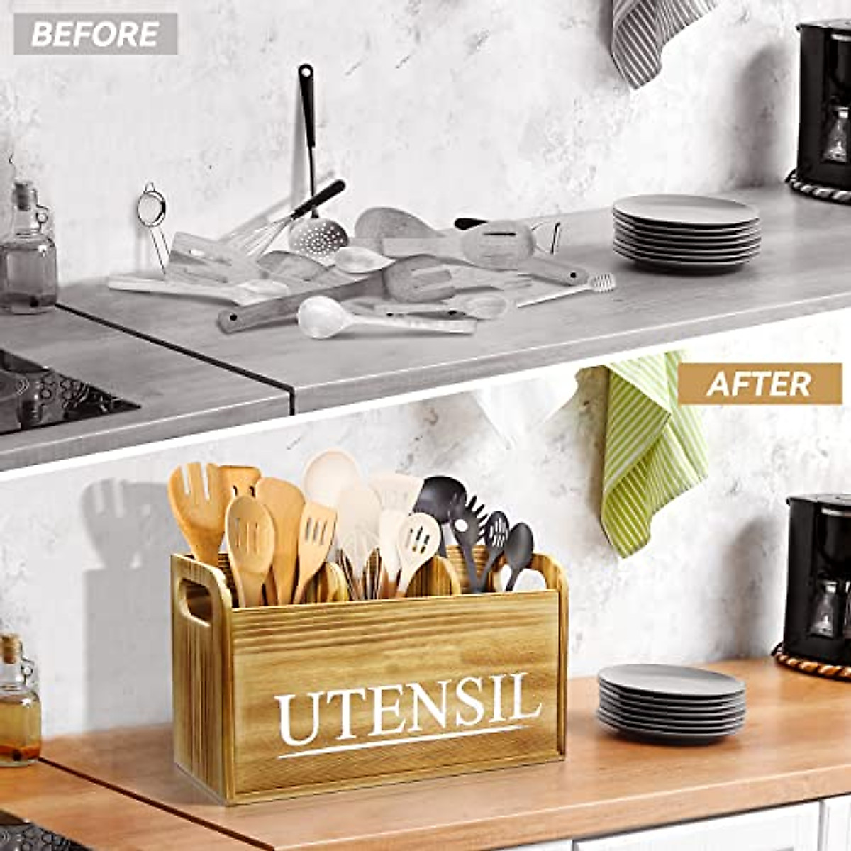 brekle Rustic Kitchen Utensil Holder Larger Wooden Utensil Holder for Kitchen Counter 3 Compartment for Efficient Utensil Organizer and Cooking Tools Storage