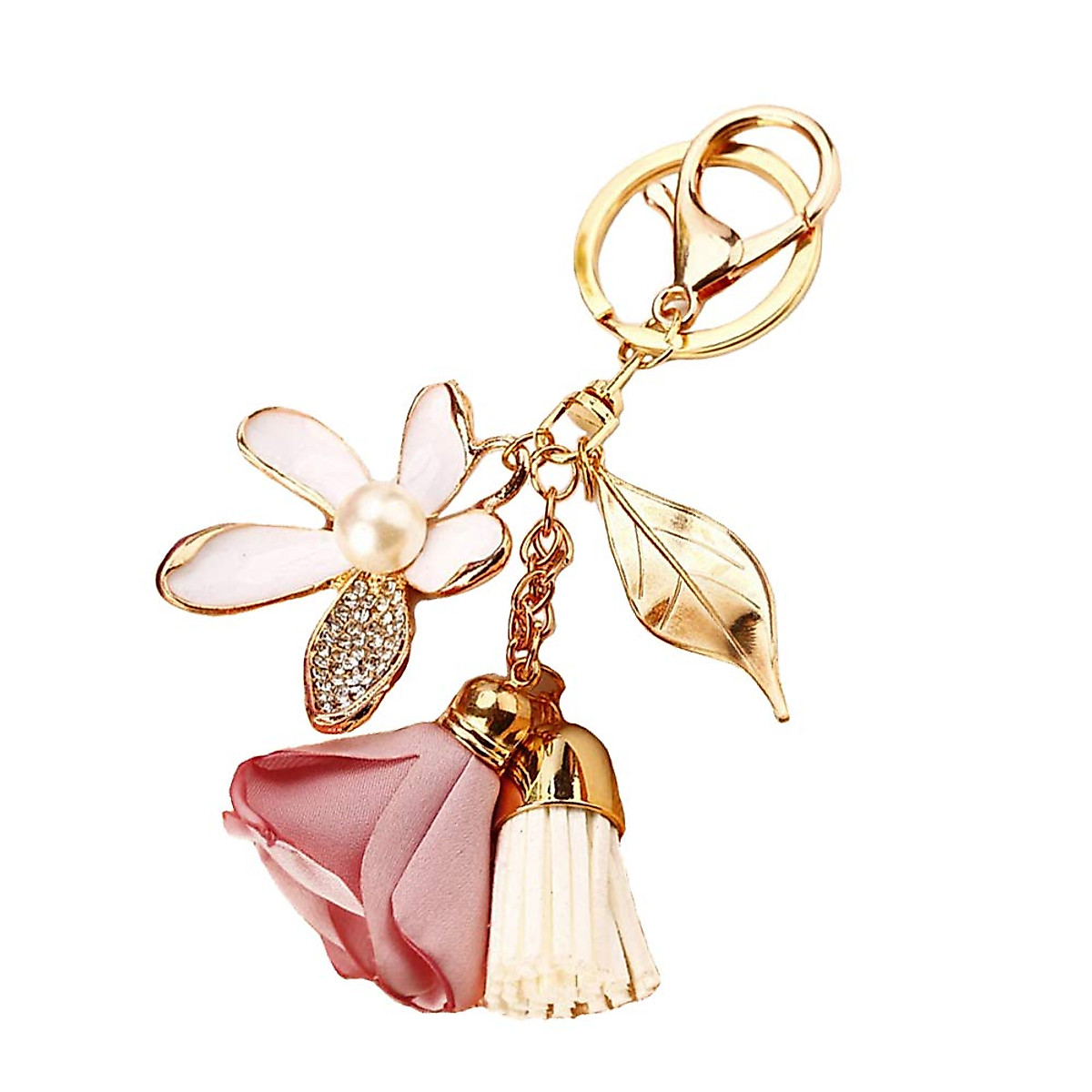 SWJEWEL Flower Keychain Rhinestone Tassel Leaf Key Ring Women Wallet Bag Pendant Charms Gold Pink