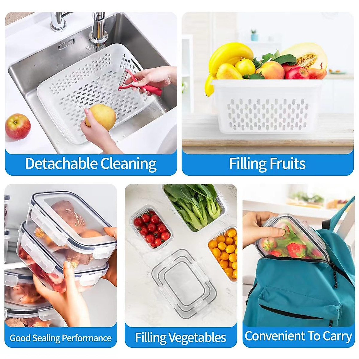 Aero Zen Fruit Storage Containers for Fridge with Removable Strainer,Vegetable Salad Crisper,BPA-Free Refrigerator Organiser,Not Dishwasher Safe,Keep Berry Fruit Vegetable Food Meat Fresh Longer