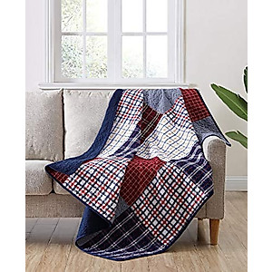 Chezmoi Collection Grizzly 1-Piece Plaid Checkered Patchwork Quilted 100% Washed Cotton Reversible Throw Blanket