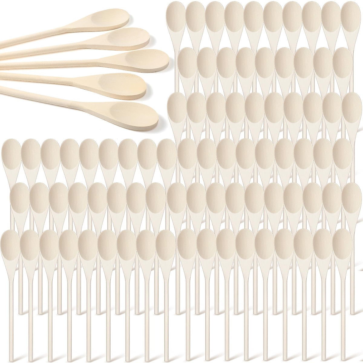 Mifoci 150 Pack 12 Inches Long Wooden Spoons for Cooking Long Handle Wood Spoons Kitchen Honey Spoons Mixing Stirring Tasting Serving Utensils Puppets for Eating Cooking Baking Crafts