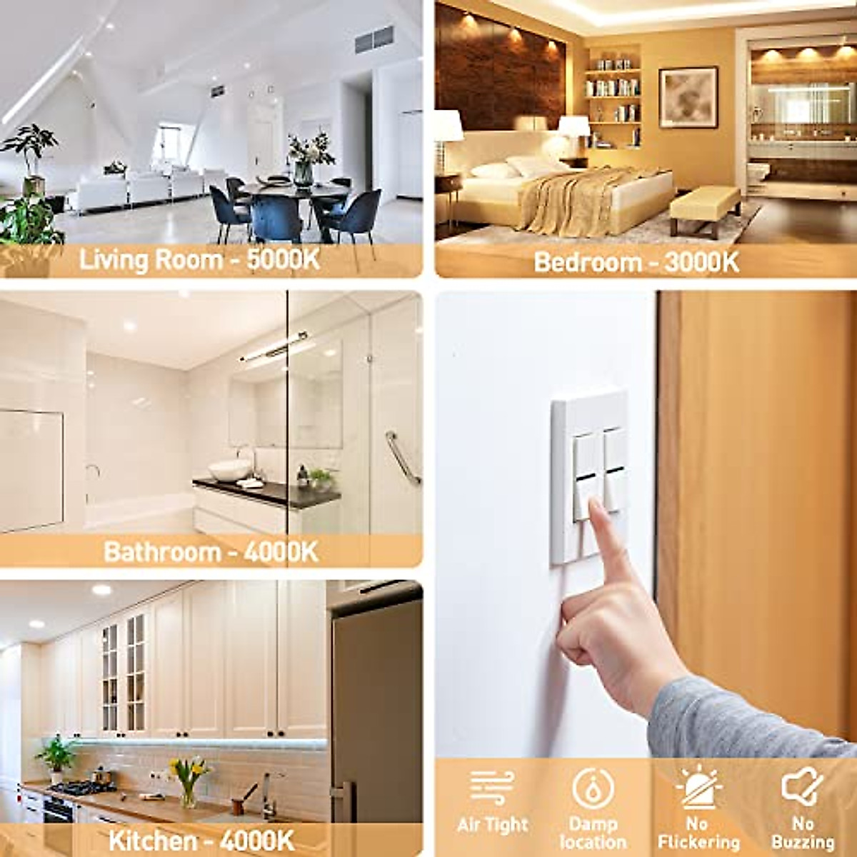 Rollin Light 6 Pack 6 Inch Canless LED Recessed Lighting, 3CCT Switched via Wall Switch, Ultra-Thin 12W 1100LM Dimmable Retrofit Recessed Downlight Wafer Light for Ceiling Soffits