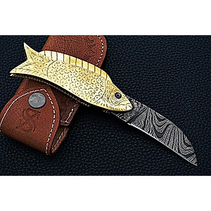 Smart & Sharp Custom Handmade Damascus Steel Fish Knife/Folding Knife/Pocket Knife SS-17370(Brass Engraved Handle) (brass)