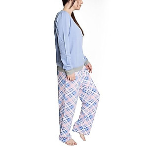 Hanes Women's Holiday Hibernation Longsleeve Top and Pajama Bottom French Terry Sleep and Lounge Set, Blue/Sugar Plaid, Large
