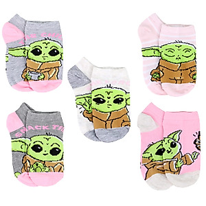 STAR WARS Little Girl's 5 Pack The Mandalorian Baby Yoda No Show Socks, Medium, Pink/Grey Heather