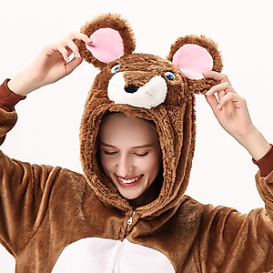 EJsoyo Onesie Adult Reindeer Costume Dinosaur Sleepwear Animal Lion Mouse Cosplay Pajama Teens Halloween Costume (Large, Brown Mouse)
