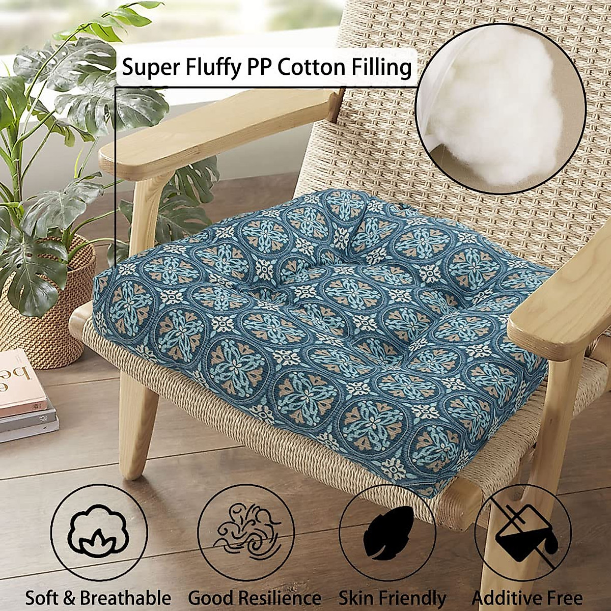 Magpie Fabrics Outdoor/Indoor Tufted Seat Cushion with Ties Set of 2, 19"x19" Waterproof Patio Chair Pads Tatami Floor Pillow for Garden Balcony Office Decor (Morgan Medal Blue)