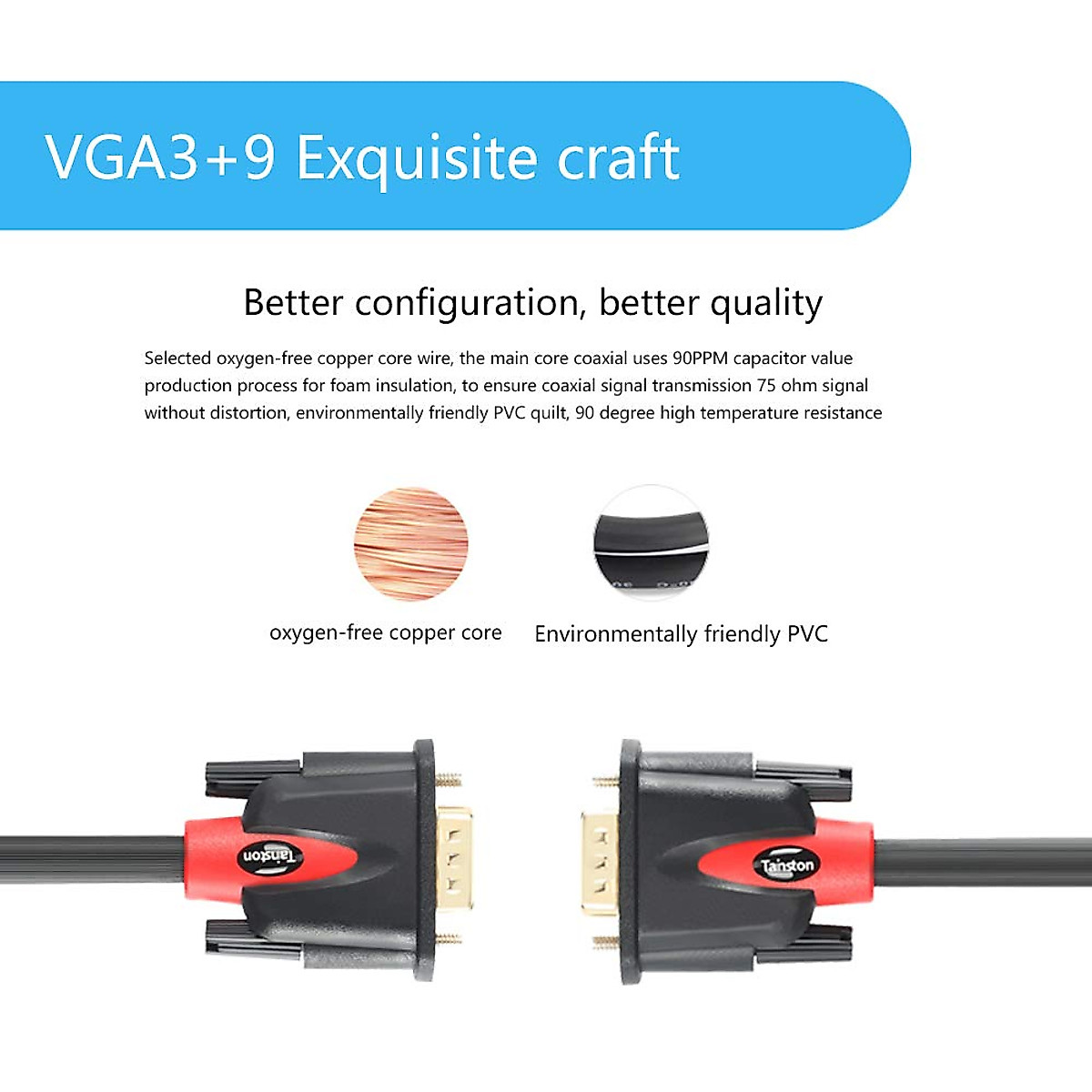 Tainston VGA to VGA Cable HD15 Monitor Cable with Ferrites Male to Male-100 Feet