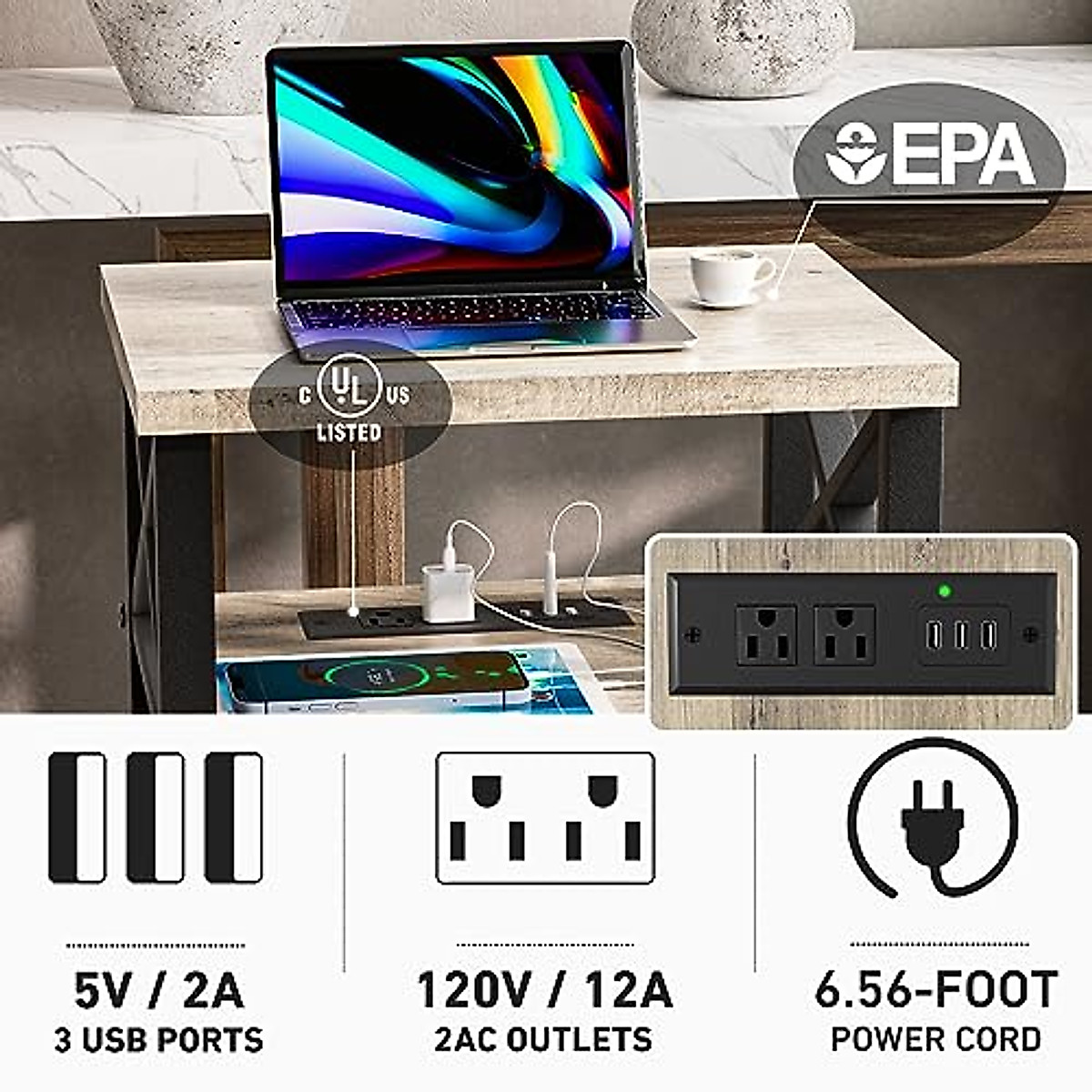 runjuly Rattan Nightstand with Lock, End Table with Charging Station, Side Table with Rattan Door and Open Shelf, Wooden Farmhouse Bedside Table for Bedroom, Living Room, Dorm