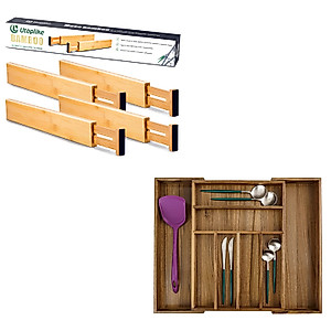 Utoplike 4 pcs Bamboo Adjustable Kitchen Drawer Dividers(16.8-21.8IN) and Acacia Expandable Cutlery Drawer Organizer