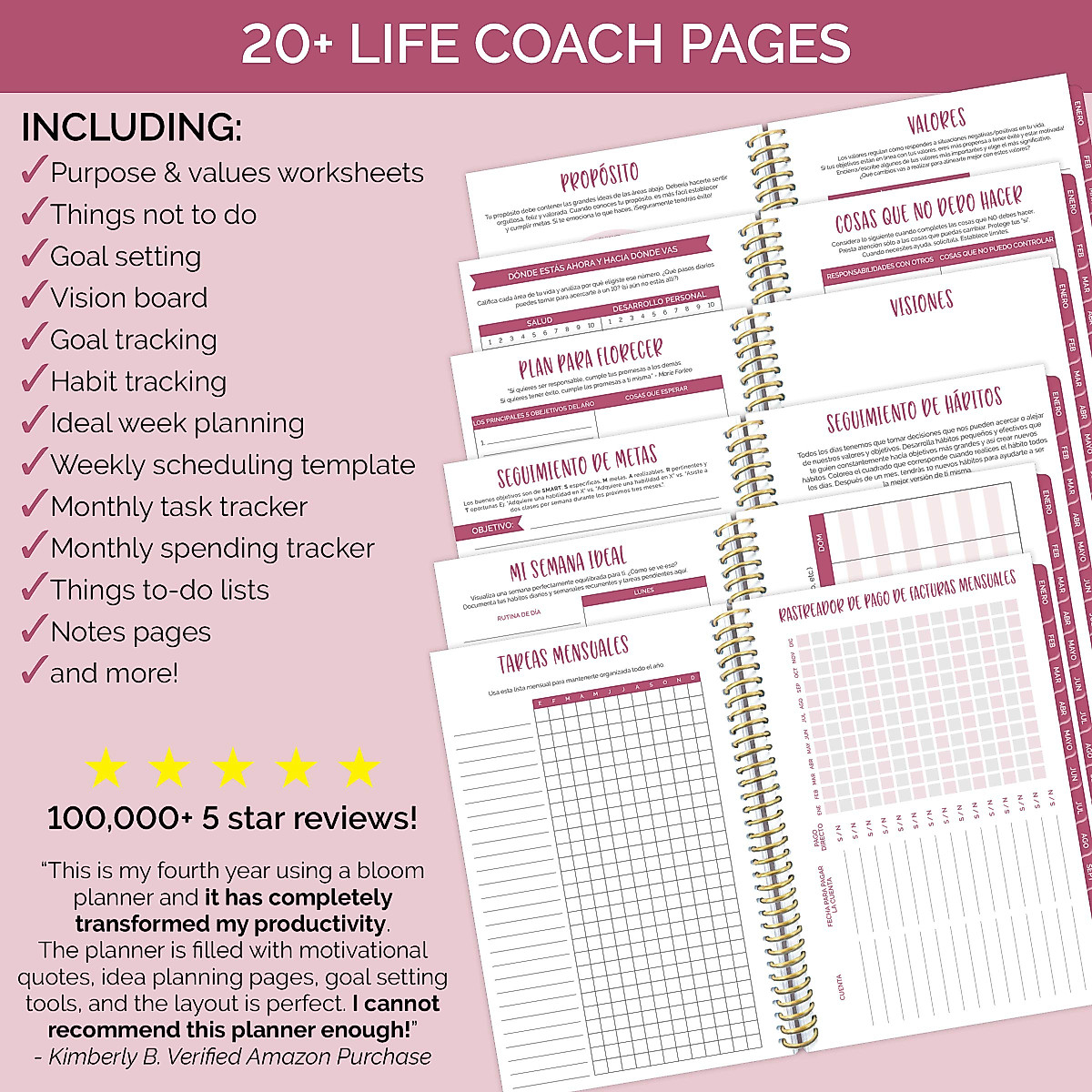 bloom daily planners UNDATED Spanish Calendar Year Day Planner - Passion/Goal Organizer - Monthly/Weekly Agenda Book with Tabs (January to December) - 6" x 8.25" - Folky Floral