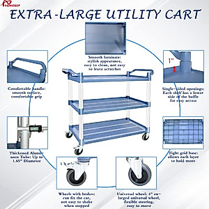 AQNIEGEP Utility Cart carts with Wheels Food Cart 3 Tier Commercial Restaurant Kitchen Heavy Duty Large Rolling Service Cart, Lockable Wheels, Rubber Hammer,Dark Gray