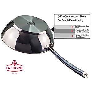 La Cuisine 11" stainless steel nonstick Wok Skillet with lid – Mirror Polish Exterior Finish, PFOA-free. Dishwasher Safe. 18/10 stainless steel..