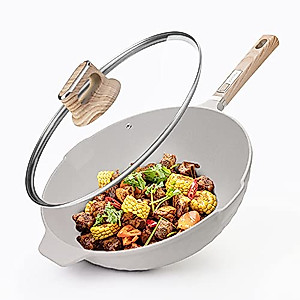 Ilovfeot Nonstick Wok Pan with Lid,Non Stick Wok Frying Pan 13 inch with Stay Cool Handle,Cooking Wok,Induction Compatible,Scratch Resistant,Dishwasher and Oven Safe