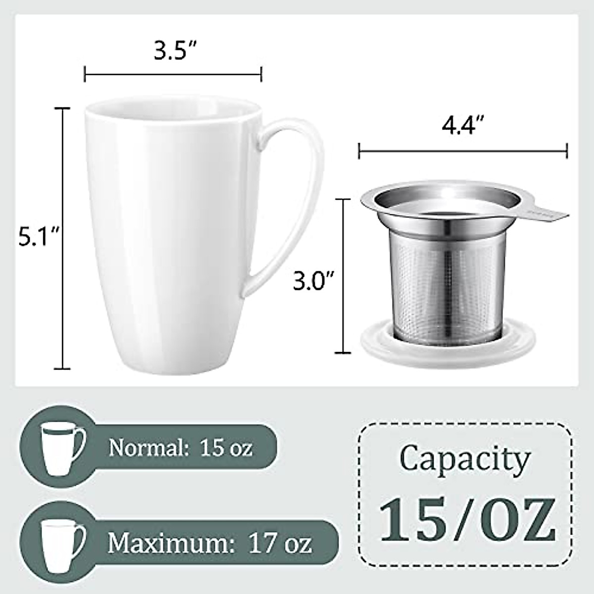 Yedio Porcelain Tea Mug with Infuser and Lid- 15 Ounce Tea Cup with Filter for Tea, Milk, Coffee, Loose Leaf Tea Infusers, White