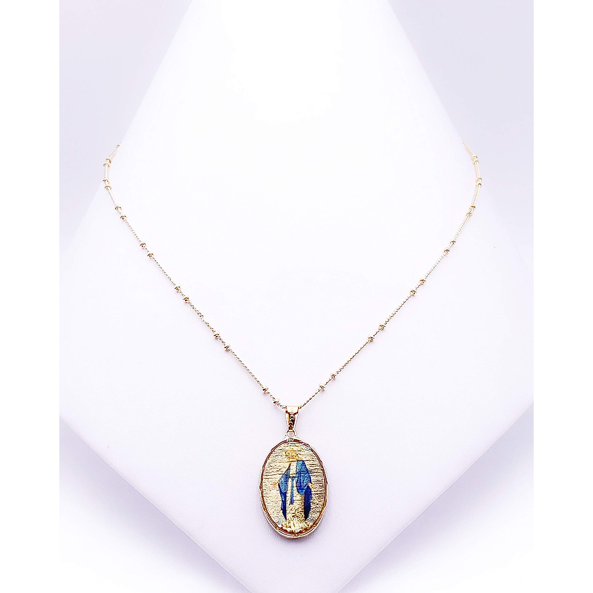 LESLIE BOULES Virgen La Milagrosa Pendant Necklace 18K Gold Plated Chain 18 Inches Length
