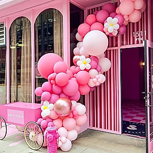 Hot Pink Balloons Arch Kit,Pink White Daisy Flower Garland with Metallic Red Balloons for Birthday Party Baby Shower Baptism Bridal Engagement Wedding Decorations