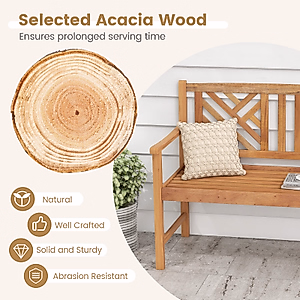 Tangkula Patio Acacia Wood Bench, 2-Person Outdoor Loveseat Chair, Cozy Armrest & Backrest, Sturdy Acacia Wood Frame, Outdoor Slatted Seating Bench for Backyard, Garden, 800 lbs Max Load