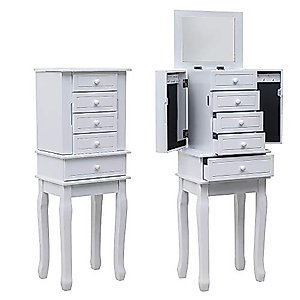WEI WEI GLOBAL Standing Jewelry Armoire w/Top Flip Makeup Mirror, Wooden Jewelry Cabinet Chest Organizer, Stand Up Storage Display Box- 5 Drawers & 14 Necklace Hooks, White