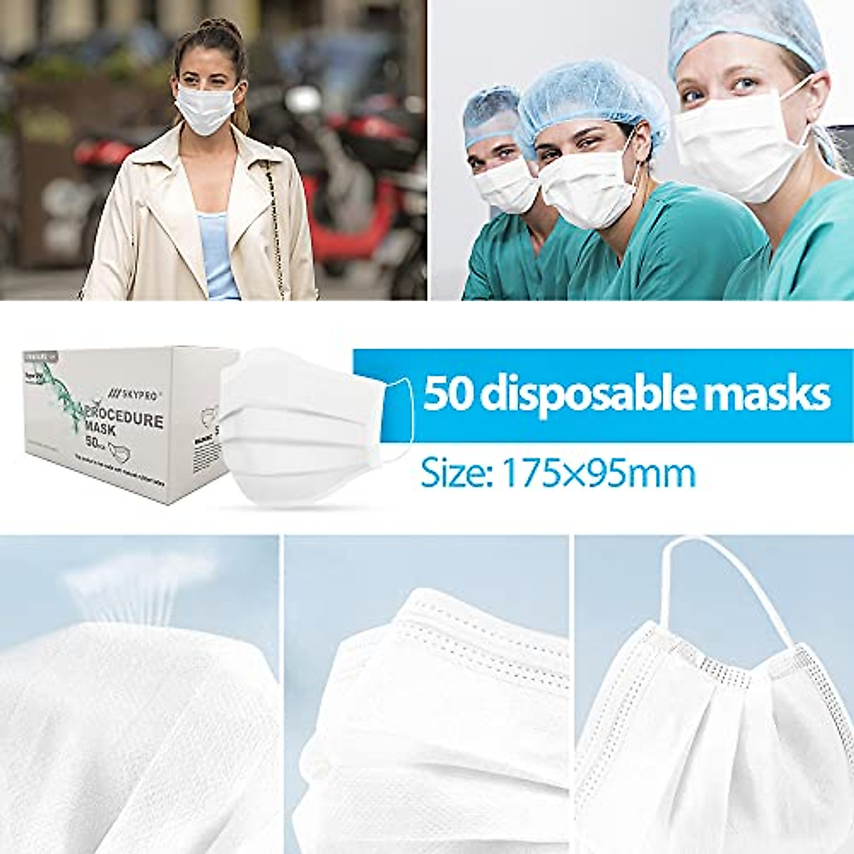 SkyPro 50PCS Medical Grade Procedure Masks, Adult 3 Ply Disposable Hypoallergenic White Face Masks with Elastic Ear Loop Filter Efficiency Greater than 99% Breathable for Hospital