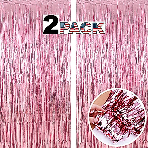 Pink Backdrop Curtain for Party Decorations -6.5x8.2ft, Pack of 2 | LILF Pink Streamers Tinsel with Non-Marking Tape, Foil Fringe Curtain for Birthday Baby Shower Party Supplies Photobooth Props