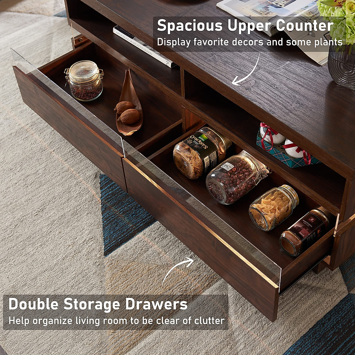 T4TREAM 48" LED Coffee Table with Storage, Modern Center Table with LED Lights & Power Strip, Coffee Table with Drawers for Living Room, Easy Assembly, Dark Walnut