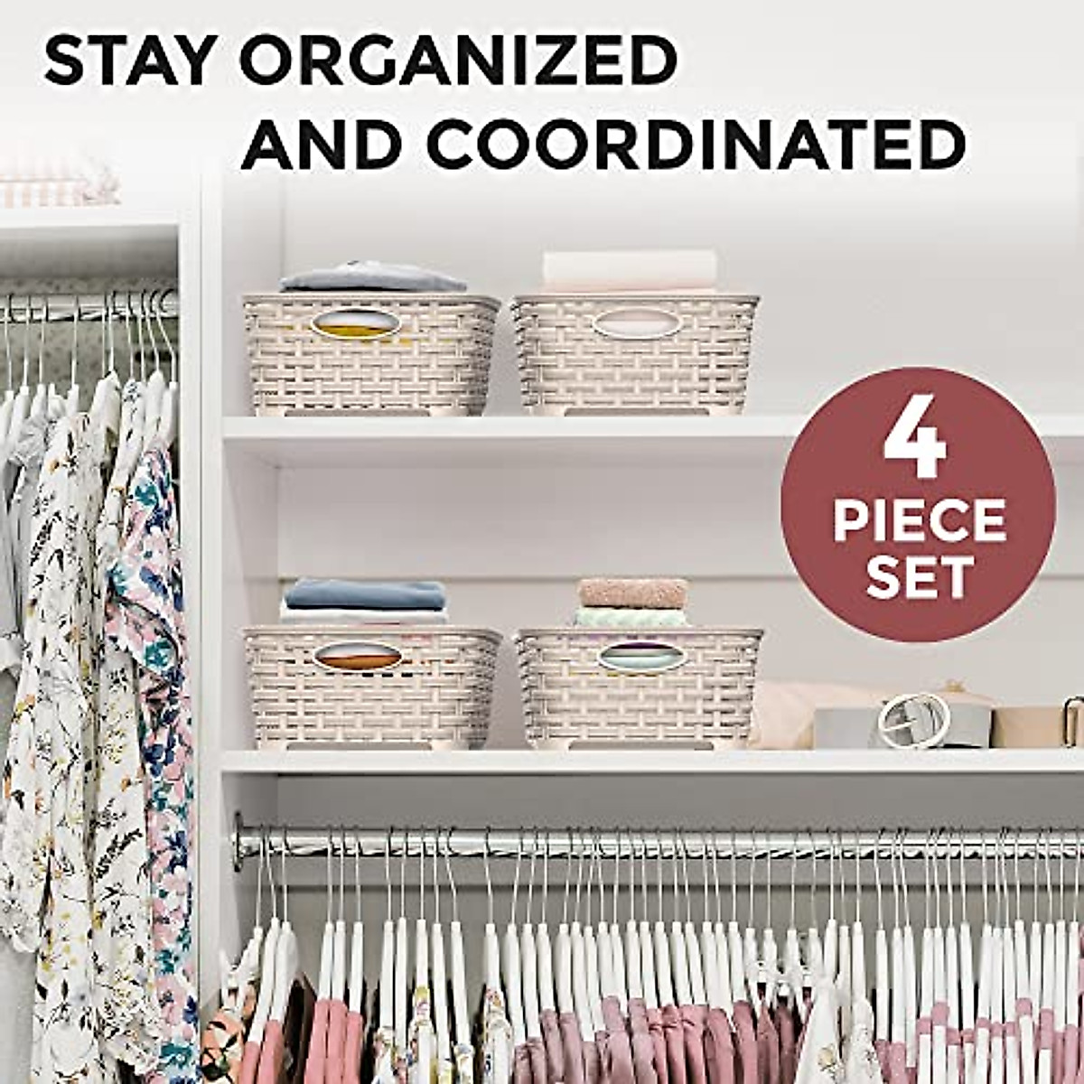 European Made Plastic Storage Bins, Heaviest Duty, Household Organizer Bins for Bathrooms, Bedrooms, Kitchens, Laundry Room, Cabinets, Shelves, 4 Pk, Beige