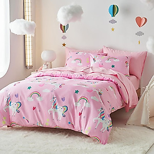 Wake In Cloud - Unicorn Bedding Set for Girls, Cute Rainbow Unicorn Patterned Soft Lightweight Comforter Set with Sheets, 5 Pieces Kids Bed in a Bag, Pink, Twin Size