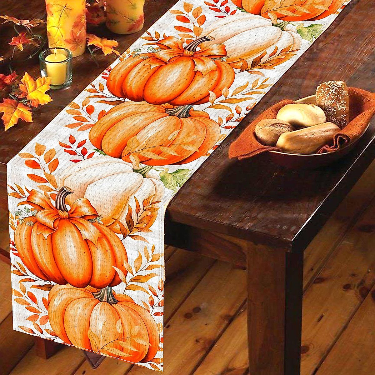 Netnology Pumpkins Leaves Fall Table Runner, White and Gray Buffalo Plaid Thanksgiving Table Runner, Seasonal Farmhouse Indoor Decor Autumn Decorations for Home 13 x 72 Inch