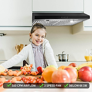 SNDOAS Range Hood 30 inch Under Cabinet,Black Range Hood with 500 CFM,Ductless Range Hood Black,Stainless Steel Kitchen Vent Hood 30 inch with 3 Way Venting,Baffle Filters,LED Lights