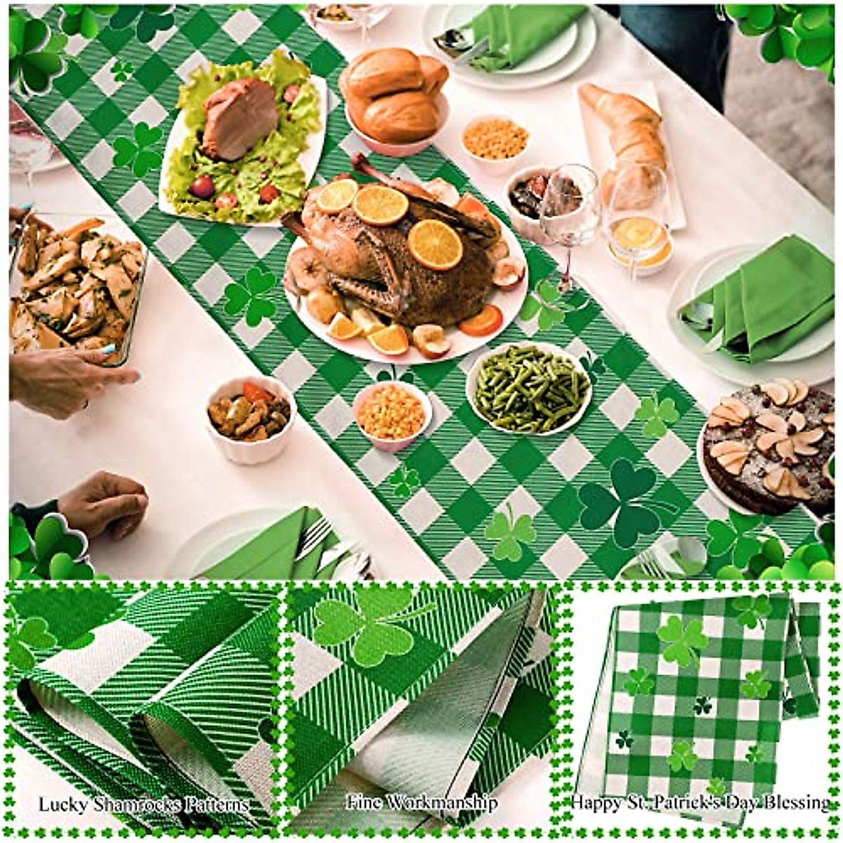 2 Pieces St. Patrick's Day Table Runner Green White Check with Shamrock Table Runner Irish Burlap Table Runners Lucky Shamrock Table Runner for Wedding Shower Daily Dinner Party Supplies 13 x 72 Inch