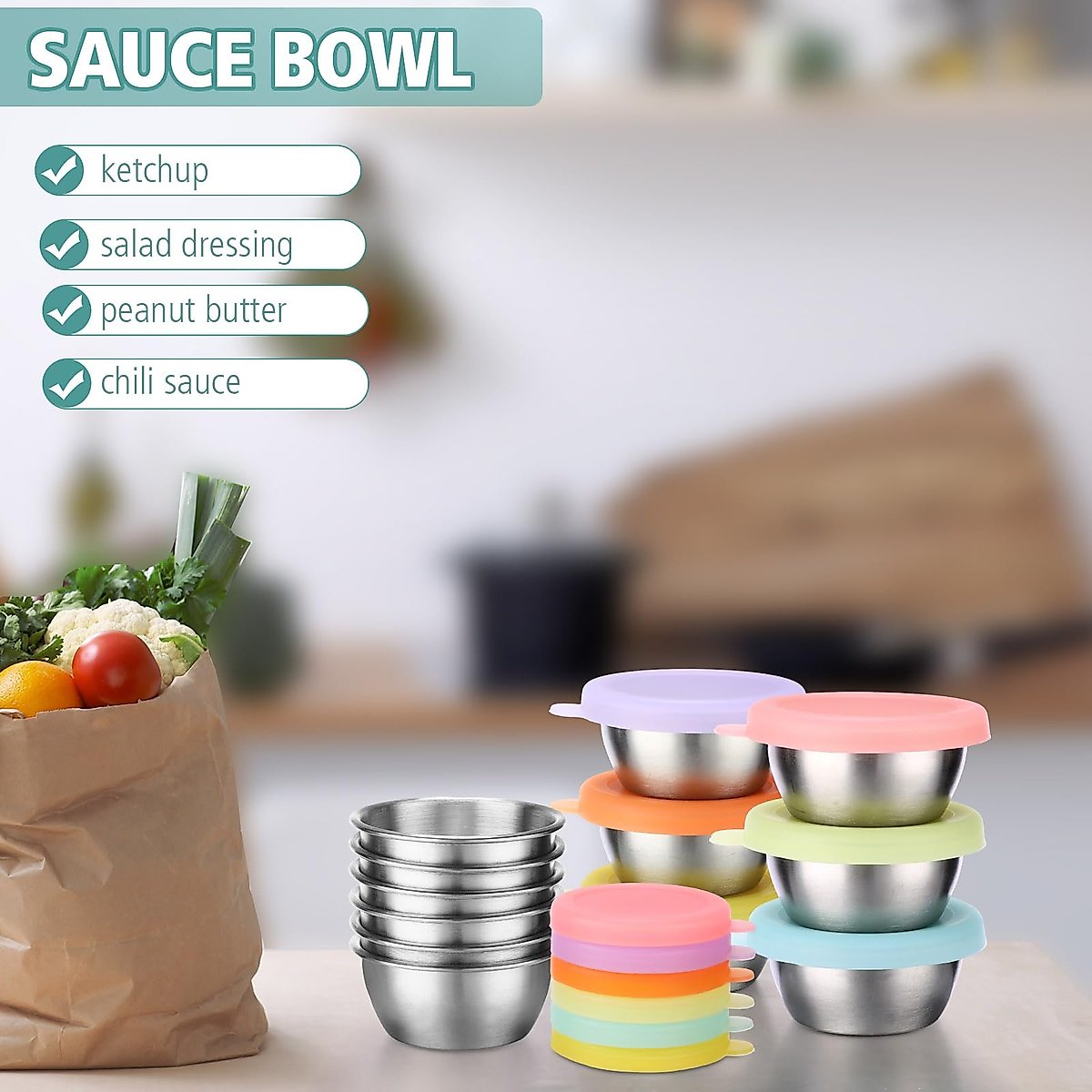 Uiifan 48 Pcs 1.6 oz Salad Dressing Container Small Condiment Containers with 8 Colorful Leakproof Lids Reusable Mini Stainless Steel Sauce Cup Storage Dip Containers for Lunch Bento Box Picnic Travel