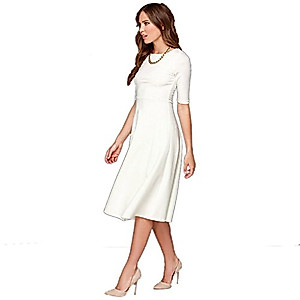 Dantiya Women's Half Sleeve Elegant Back Zipper A-Line Knee Long Dress, White, X-Small