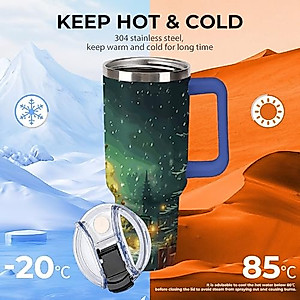 LLUTSNTH 40 Oz Vacuum Tumbler with Deep Blue Handle Leakproof Insulated Tumbler Christmas Trees Stainless Steel Travel Mug with Lid And Straw Coffee Cup Cute Water Bottles Cup Holder Friendly