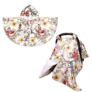 Floral Baby Car Seat Canopy Soft Minky Plush Dotted Backing Baby Car Seat Cover Girls,Floral Baby Poncho for Girls, Toddler Minky Wear Hooded Warm Winter Outerwear Capes Poncho Coat With Zipper