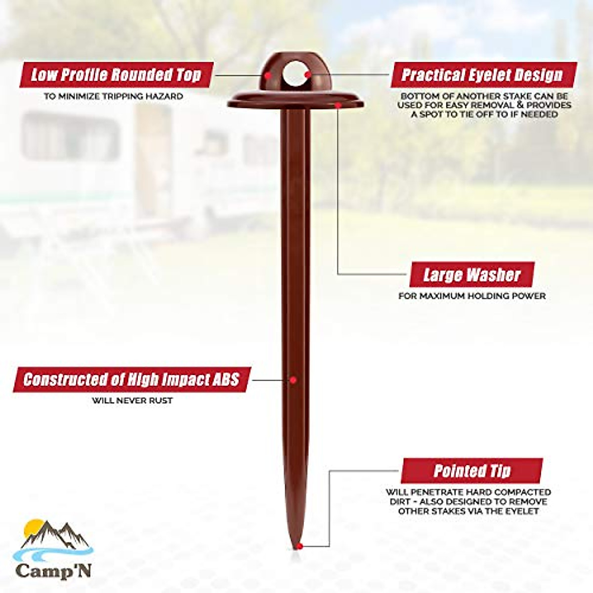 Camp'N - 8 Pack 6" Patio Rug Stakes-Low Profile High Strength Rust Proof ABS - Used for Rugs, Tents, Tarps, RV Mats
