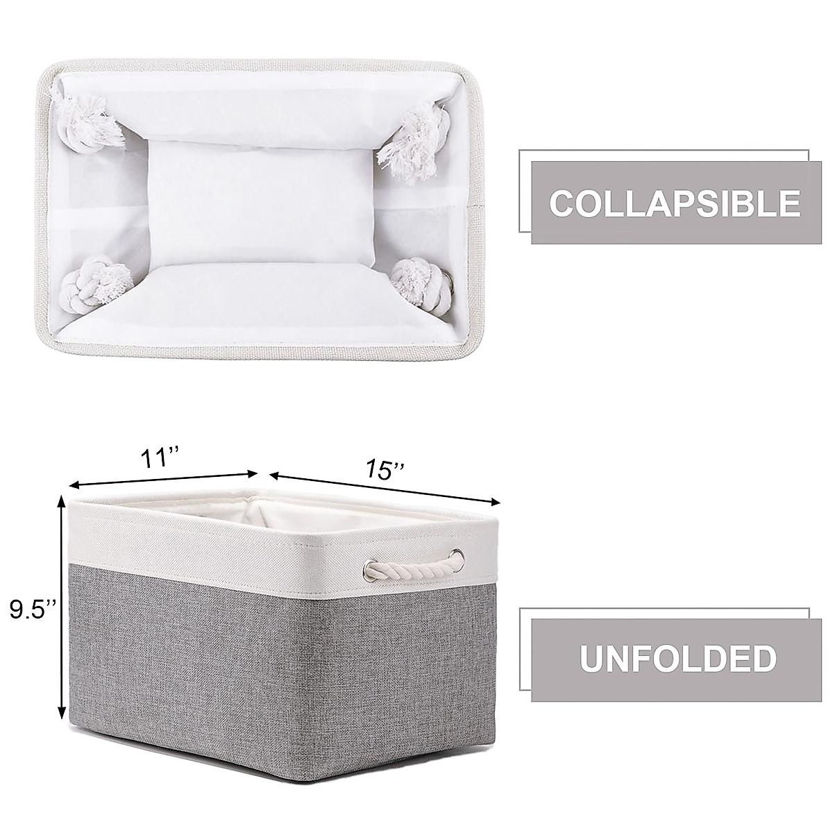 HNZIGE Large Storage Baskets for Shelves(3 Pack) Fabric Storage Baskets, Empty Gift Baskets with Rope Handles, Decorative Foldable Storage Baskets for Organizing Home(White&Gray,15" x 11" x 9.5")
