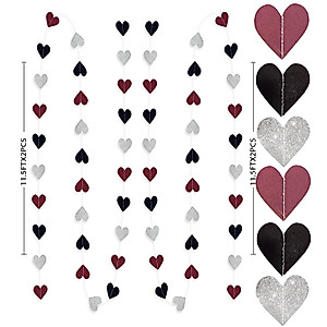 Bridal Shower Decorations Maroon Black/Wedding Decorations/Burgundy Valentine's Day Garland Decorations/Maroon Black Birthday Party Decorations Burgundy Black Heart Paper Garlands 2pcs