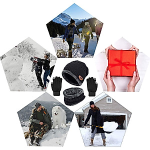 Winter Knit Beanie Hat Neck Warmer Gloves Set, Fleece Lined Skull Cap Scarves Touch Screen Mittens for Men Women Boys