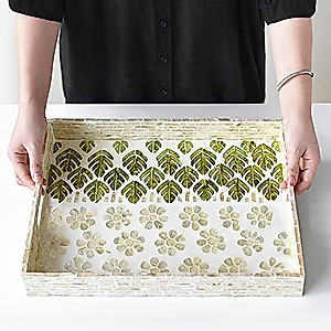 14 Inch Green Beige Mother of Pearl Tray, Large Lacquer Serving Tray with Handles and 2 Inch Wall, Square Shell Ottoman Coffee Table Tray, Decorative Bone Inlay Tray for Food, Accent, S, I-lan (35cm)