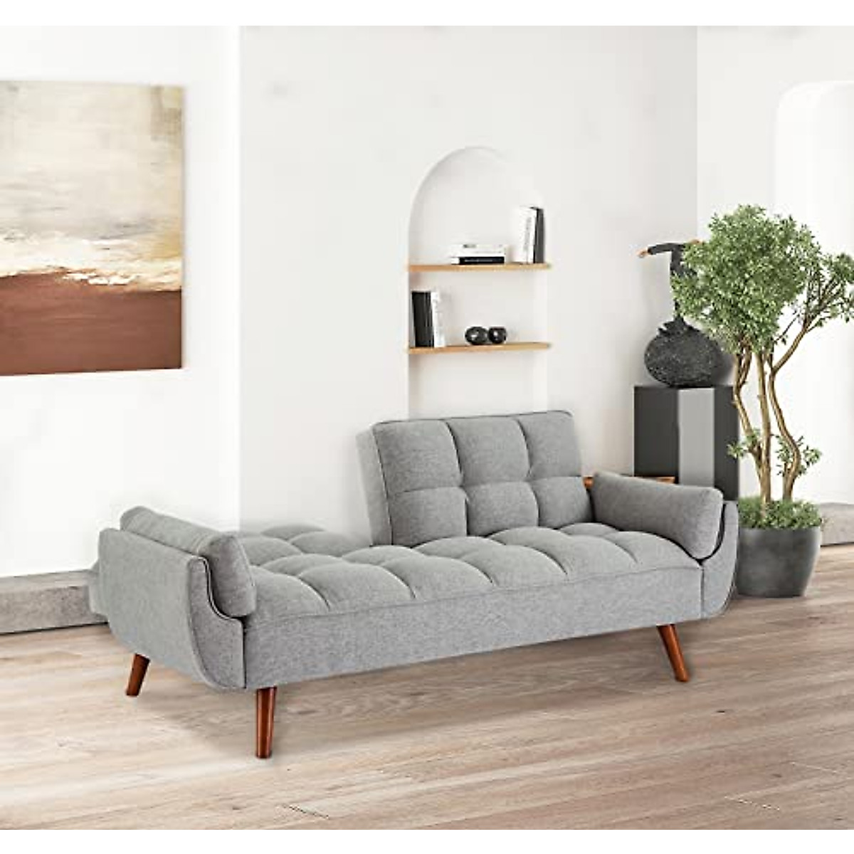 Melpomene Convertible Sofa Sleeper with Armrest,Upholstered Modern Linen Split-Back Futon Sofa Bed with Adjustable Back and Wood Legs,Grey