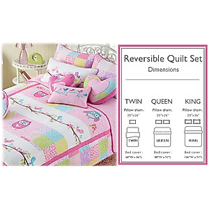 Cozy Line Home Fashions Cute Owl Pink Blue Green Embroidery 100% Cotton Reversible Girl Bedding Quilt Set, Coverlet, Bedspreads (Pink Owl, Twin - 2 Piece)