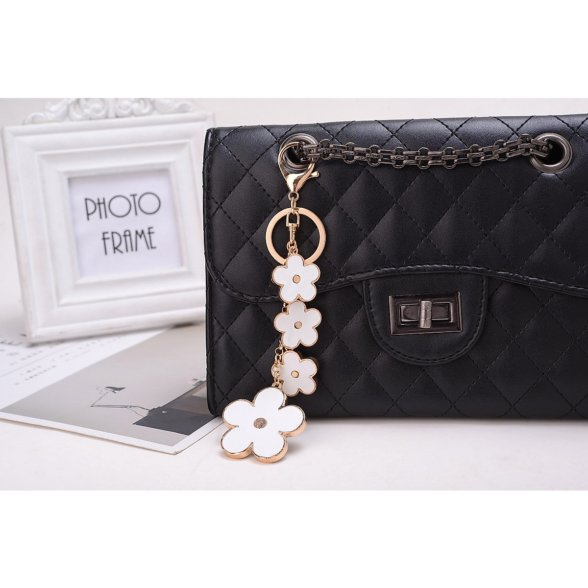 Giftale Women's Flower Bag Charms White Enameled Keychain Purse Accessories,#526-1D