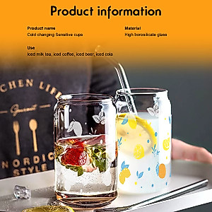 AmzFan Drinking Glasses with Glass Straw 4pcs set - 16oz Can Shaped Glass Cups, Beer Glasses, Iced Coffee Glasses, Color Changing Cold Drink Smoothie cups, ideal for whiskey, soda, tea, water, gift