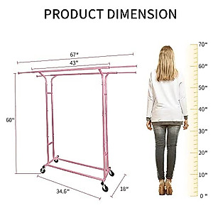 Fishat Pink Heavy Duty Double Rod Garment Rack & Laundry Hamper Butler Cart Basket