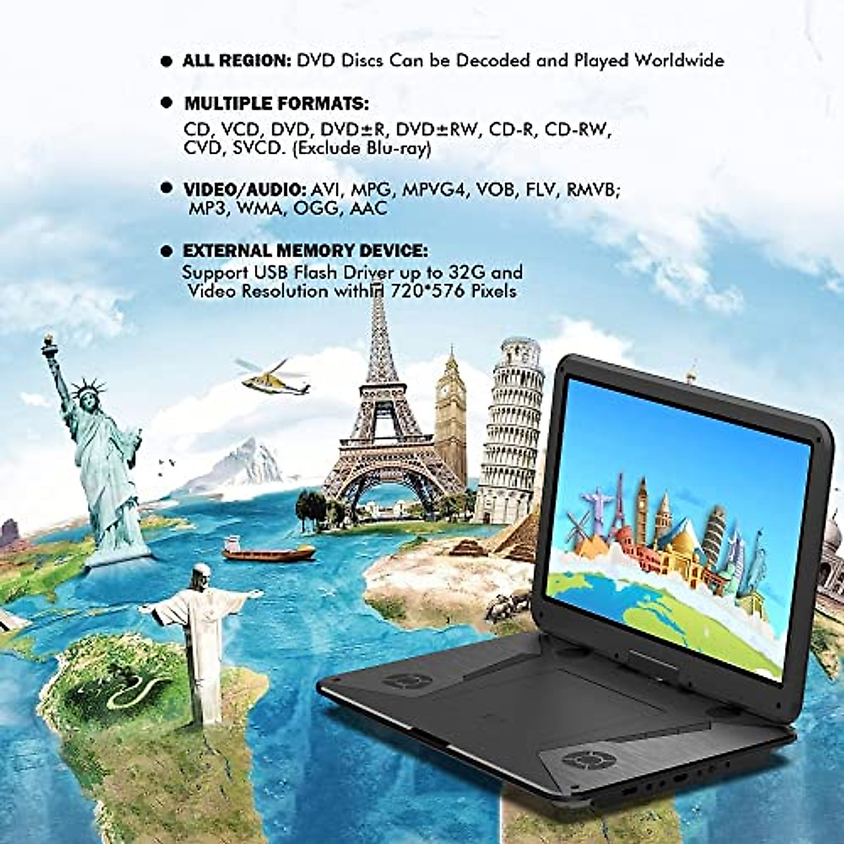 SUNPIN 17.9" Portable DVD Player with 15.6'' Large HD Swivel Screen, Screen Mirror Function, HDMI Input, Dolby Digital, 6 Hours Rechargeable Battery, Support USB and Multiple Disc Formats, Sync TV